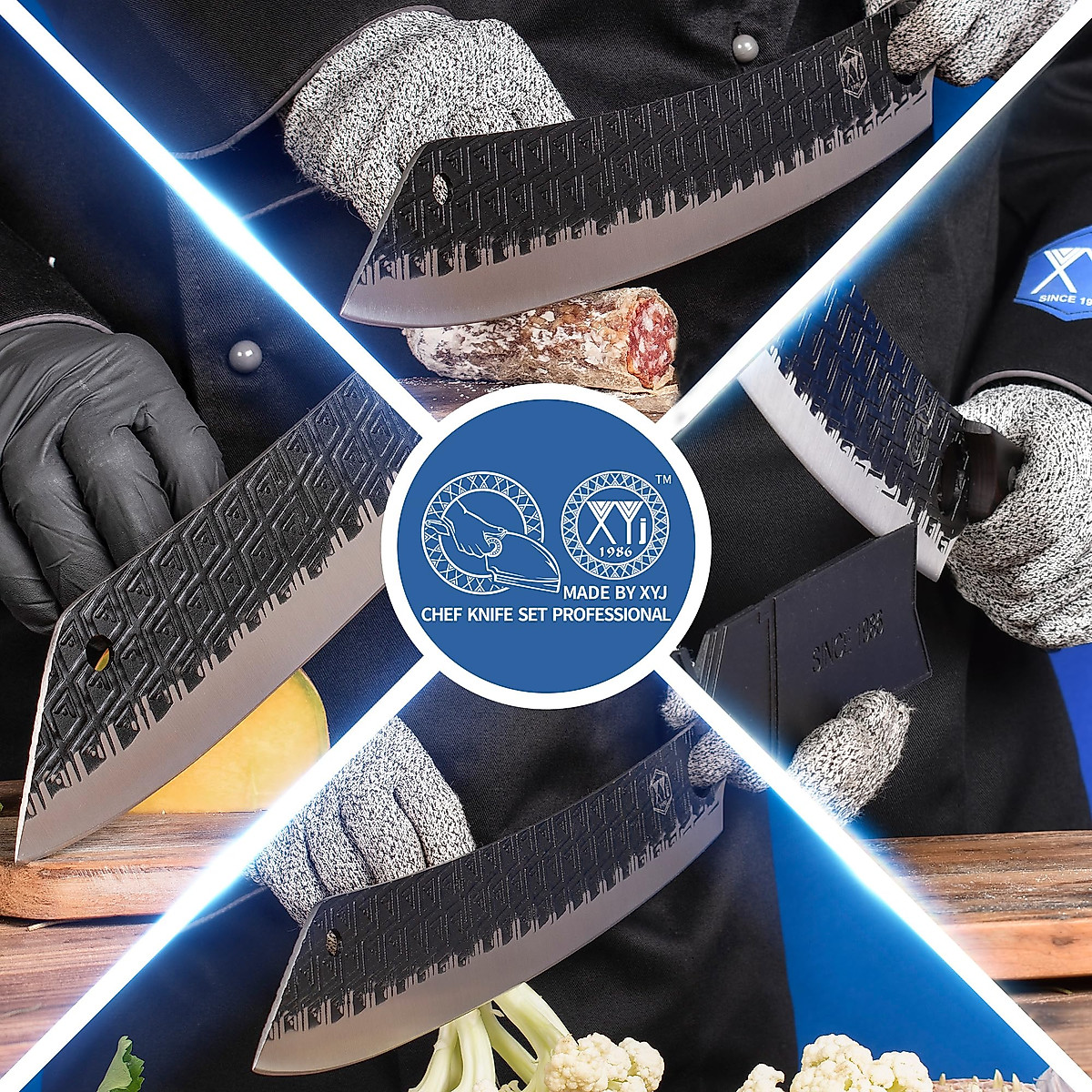 XYJ Slicing Japanese Chef Knife With Guards Protector,Curved Vegetable Butcher Knives Camping Kitchen Knives,Carving Brisket Knife,Full Tang (14.5 Inch)