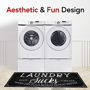 Tapeera Laundry Room Rug Runner - 20" x 59" Non-Slip Rubber Backing Laundry Rugs for Laundry Room - Farmhouse Laundry Mat Bathroom Laundry Room Decor - Laundry Room Mat for Floor (Laundry Sucks Black)