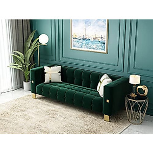 ANTTYBALE 2PCS Mid Century Modern Button Tufted Velvet Living Room Couch Loveseat Sofa with Gold Metal Legs and 2 Throw Pillows, 89 inch (2pcs Green)