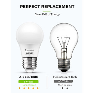 L LOHAS LED Refrigerator Light Bulb, 40W Equivalent 120V A15 Fridge Waterproof Bulbs, 5W E26 Medium Base Daylight White 5000K for Freezer Home Kitchen Lighting, Non-dimmable, 2 Pack