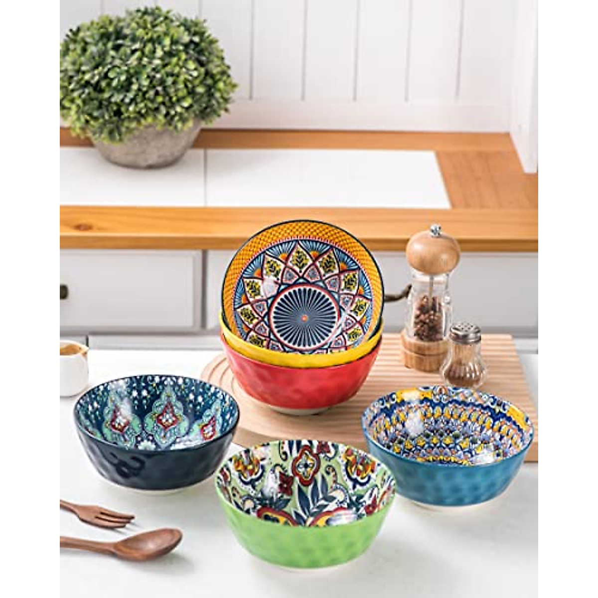 HENXFEN LEAD Ceramic Cereal, Soup Bowls Set of 6-25 Oz Deep Colorful Porcelain Serving Bowls for Dinner, Pasta, Salad, Oatmeal - Bohemian Style