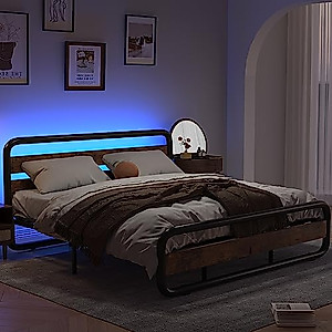 St.Mandyu LED Bed Frame with Wood Headboard and Led Lights,Heavy Duty Platform Bed Frame Under Bed Storage,Noise-Free,Brown (Queen)
