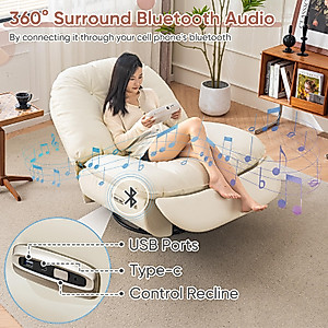 Oversized Electric Recliner Chair, 270 Swivel Rocking Glider Rocker for Adults Modern Ergonomic Lounge Chair Living Room with Phone Stand & Smart Voice Control Theater Seating, Ivory Fuax Leather