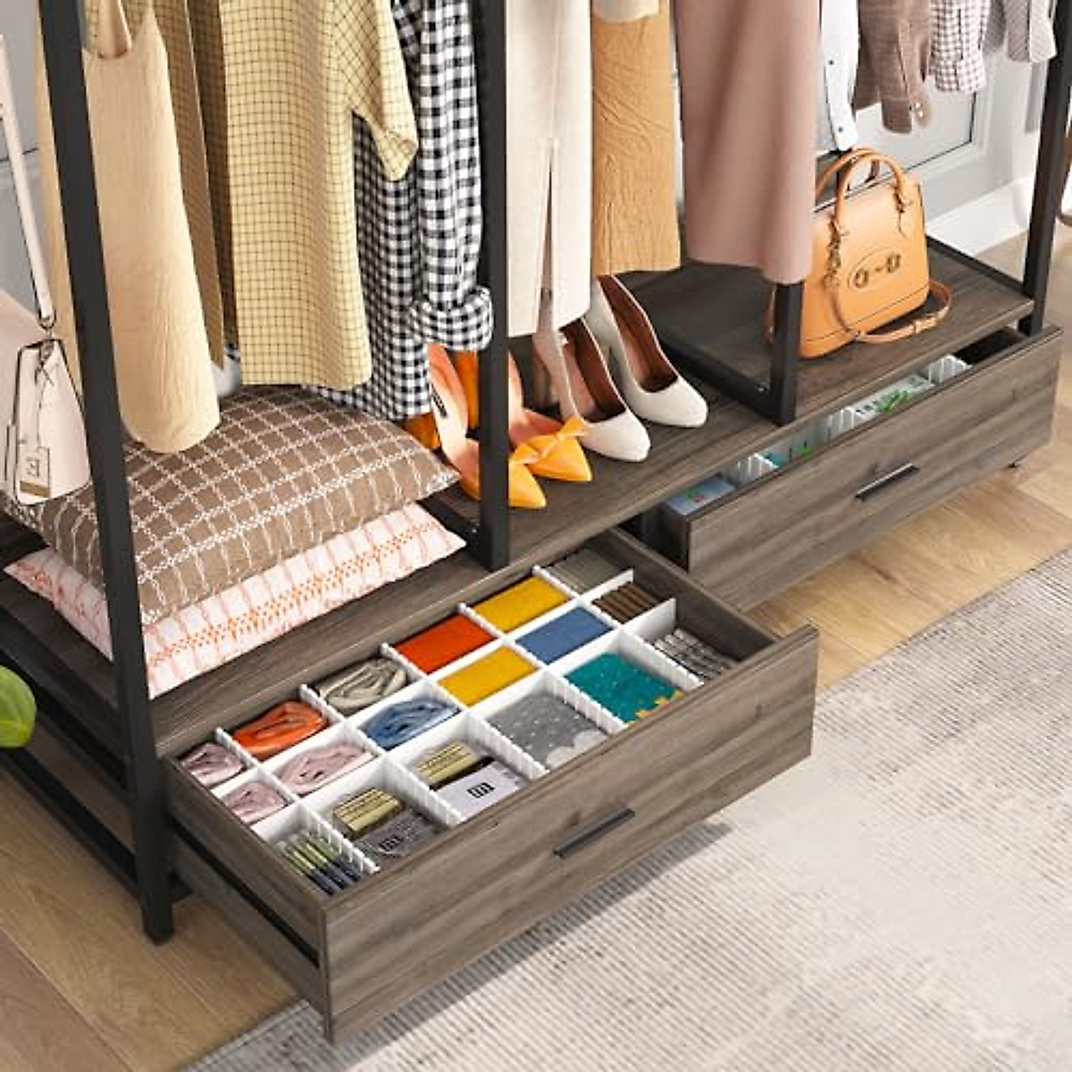 Tribesigns Freestanding Closet Organizer with 2 Drawers, Heavy Duty Garment Rack with Shelves and 6 Hooks, Wardrobe Closet Clothes Rack for Hanging Clothes, Clothing Storage for Bedroom, Gray