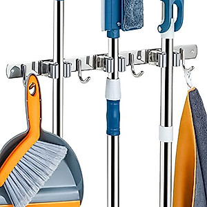 Damita Broom Holder Wall Mount, 3 Racks 4 Hooks Mop Hanger Wall Mount for Kitchen Garage Garden Metal Tool Organization - 304 Stainless Steel Non-slip Broom Organizer Wall Mount (1 Pack, Silver)