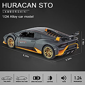 1:24 Alloy Diecast Car Model for Lamborghini Huracan STO 2021 Toy Car, Pull Back Vehicles Model Cars Toy for Kids 3 to 12 Years Old Gift Adult Collection Car Model with Sound & Light (Advanced Grey)