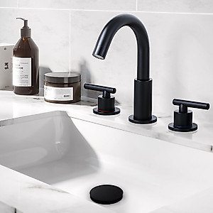 Qomolangma Black Bathroom Faucets for Sink 3 Hole, 8 inch Widespread Bathroom Faucet, 2-Handle Bathroom Sink Faucet, 360° Swivel Spout Lavatory Sink Faucet with Water Supply Lines & Pop Up Drain