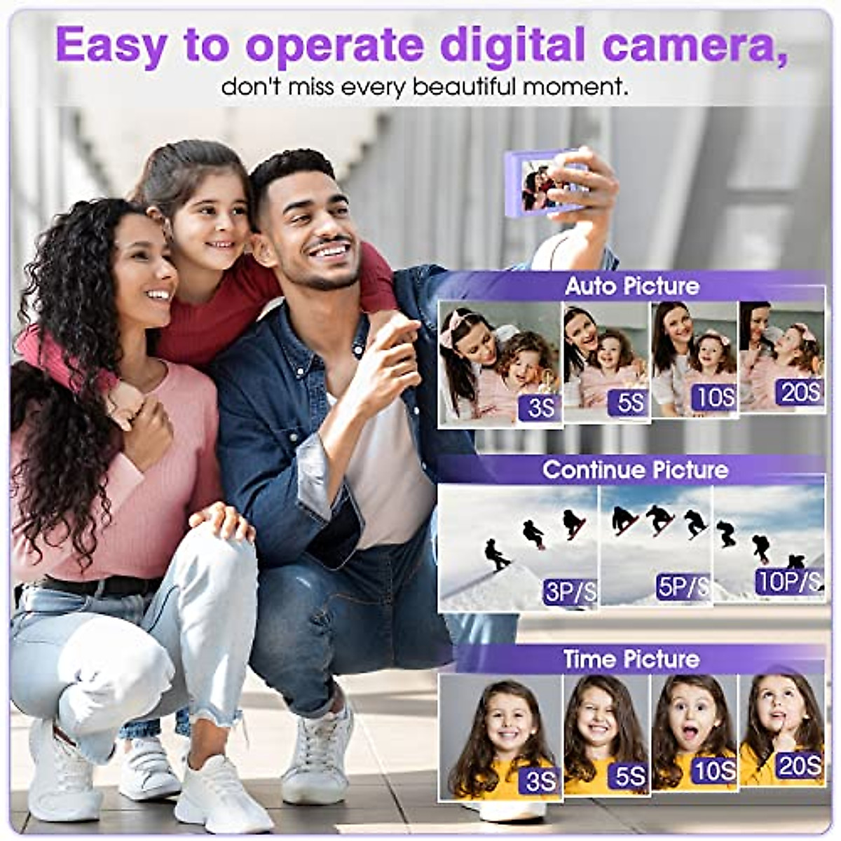 Digital Camera, Nsoela 4K FHD 48MP Kids Camera with 32 GB Card, Compact Point and Shoot Camera, 2.8" LCD Screen,16X Digital Zoom, Portable Mini Kids Camera for Teens,Students,Children (Purple)