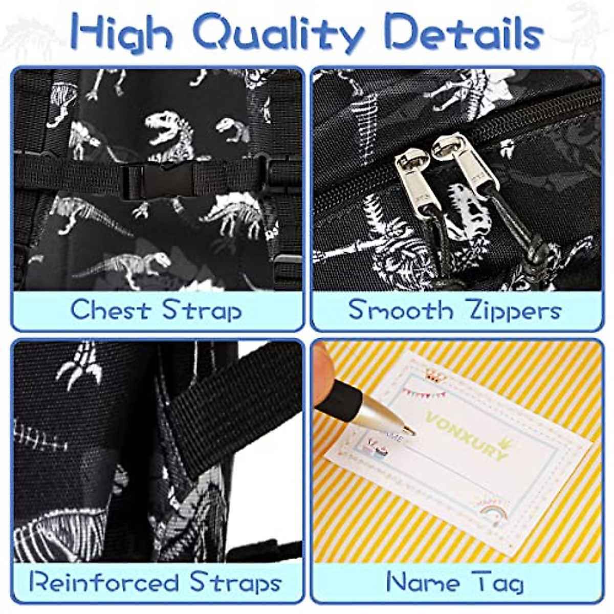 School Backpack for Boys, Lightweight Kids Backpack Preschool Toddler Kindergarten Bookbag with Front Chest Buckle,Black Dinosaur VONXURY