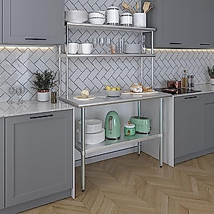 24" x 48" Stainless Steel Work Table with 12" Wide Double Tier Overshelf | Metal Kitchen Prep Table & Shelving Combo