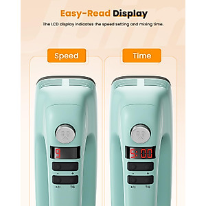 Juimma Hand Mixer Electric Handheld, 9-Speed 400W Kitchen Food Mixer with Digital Display and Touch Button, 5 Min Timer, Storage Case, 6 Stainless Steel Accessories, for Eggs Cream Cake Dough, Mint