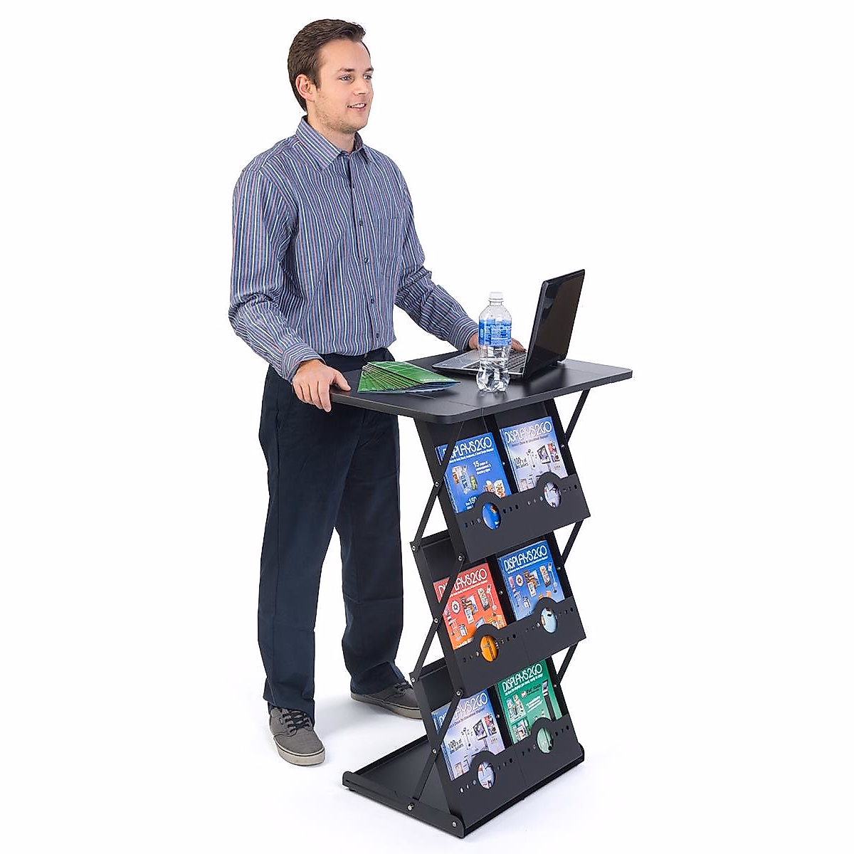 Displays2go 40 Inch Portable Counter, 6 Magazine Pockets, Collapsible, Carrying Case, Black (TDCBRBKBK)