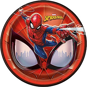 Unique Spiderman Birthday Party Supplies Bundle Pack includes Dessert Cake Paper Plates, Lunch Plates, Napkins, Table Cover, Paper Masks, Confetti (Bundle for 16)