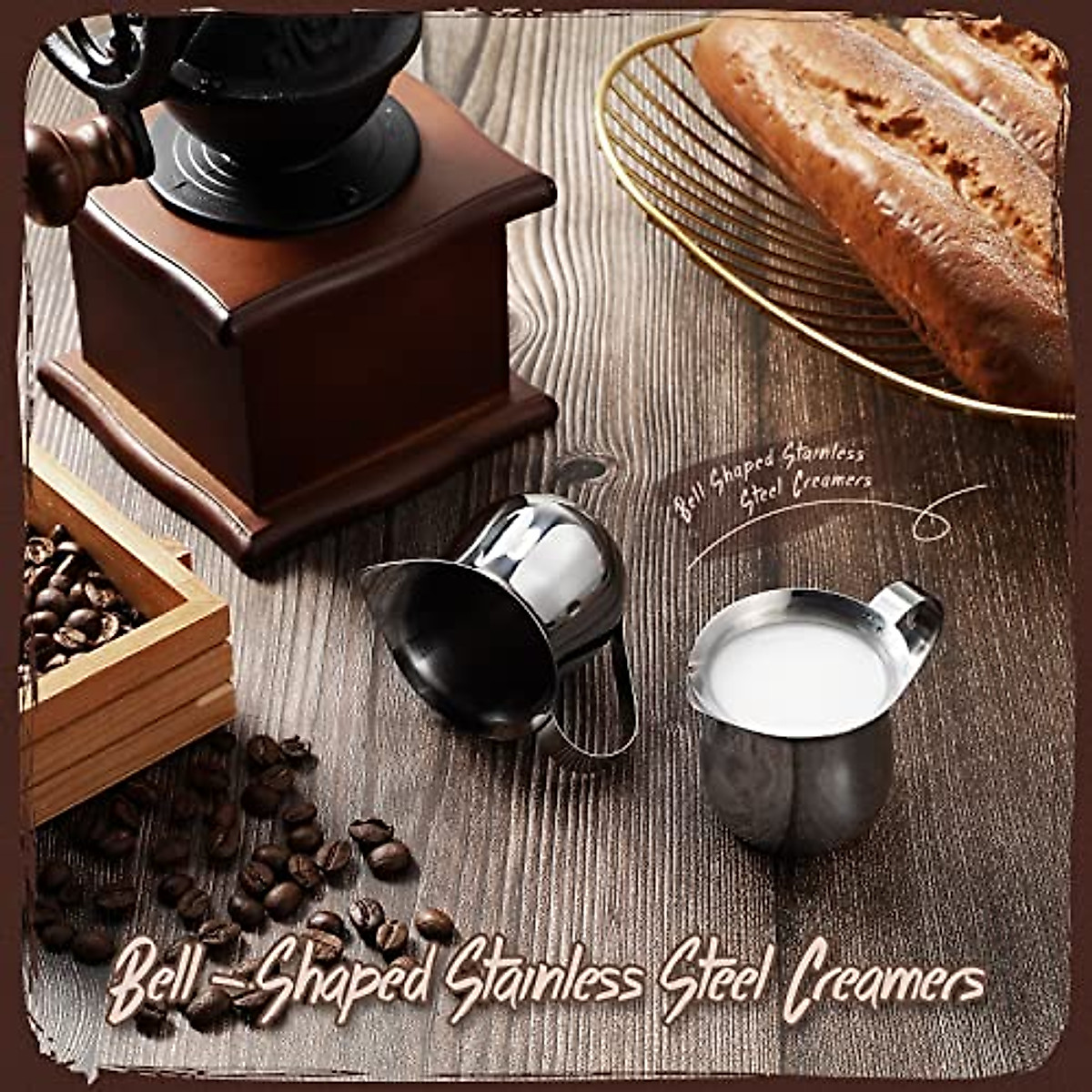 Potchen 24 Pack Stainless Steel Bell Creamers 3 Ounce Creamer Pitcher Mini Coffee Milk Pitchers with Handle and Pouring Spout Cups for Serving Espresso, Tea, Milk, Jam, Maple Syrup, Sauce