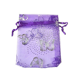 100pcs Organza Wedding Party Gift Bags Butterfly Drawstring Pouches Jewelry Gift Bags Christmas Party Gift Favor Bags (6"x9", Purple)