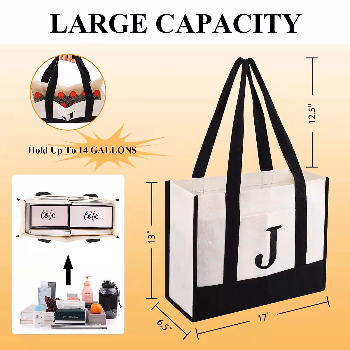 BALEINE Personalized Initial Canvas Tote Bag, ECO Friendly Multipurpose Bags for Women, Gift Bag, Beach Bag (Em)