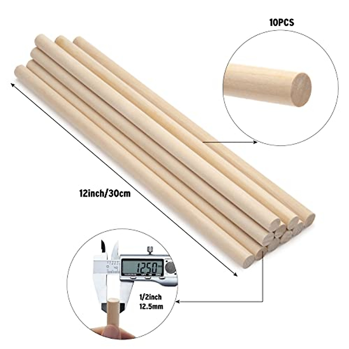 Wooden Dowel Rods Wood Dowels, 10PCS 1/2 x 12" Round Wooden Sticks for Craft, Macrame Dowel, Unfinished Hardwood Sticks for Arts and DIYers, Crafting, Tiered Cake Support and Wedding Ribbon Wands