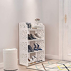Small Shoe Rack for Entryway, 4 Tier Modern White Shoe Storage Shelf Wood Narrow Shoe Stand Organizer for Home Living Room Bedroom Hallway Closet