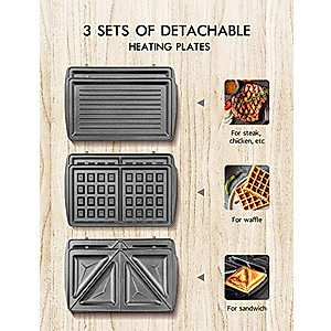 Yabano Sandwich Maker, Waffle Maker, Toaster and Electric Panini Press Grill with Non-stick Coating Plate, Easy to Clean, Heating Up Fast, Black