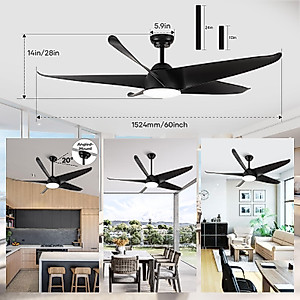 YZEENM 60 Inch Black Ceiling Fan with Light, Modern Outdoor Patios Ceiling Fan Farmhouse Style 5-Blades Ceiling Fans with Remote, 6-Speed, Reversible DC Motor for Bedroom, Living Room, Dining Room