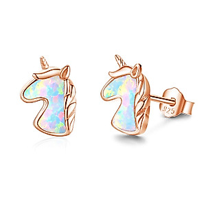 JUSTKIDSTOY Unicorn Stud Earrings for Girls S925 Sterling Silver Hypoallergenic Created Opal Earrings Cute Birthday Gift for Women Daughter