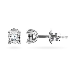 14k White Gold Diamond Miracle Plate Stud Earrings for Women (0.05 cttw, Color- IJ, Clarity I2/I3) 4-Prong Basket Set, Screw-Back Clasps Diamond Stud Earrings