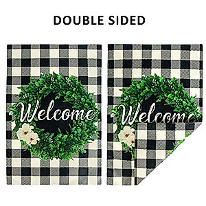 Unves Boxwood Wreath Welcome Spring Flag 28 x 40 Double Sided, Burlap Buffalo Check Plaid Winter House Flags Rustic Farmhouse Spring Winter Yard Garden Decor, Large Welcome Flag