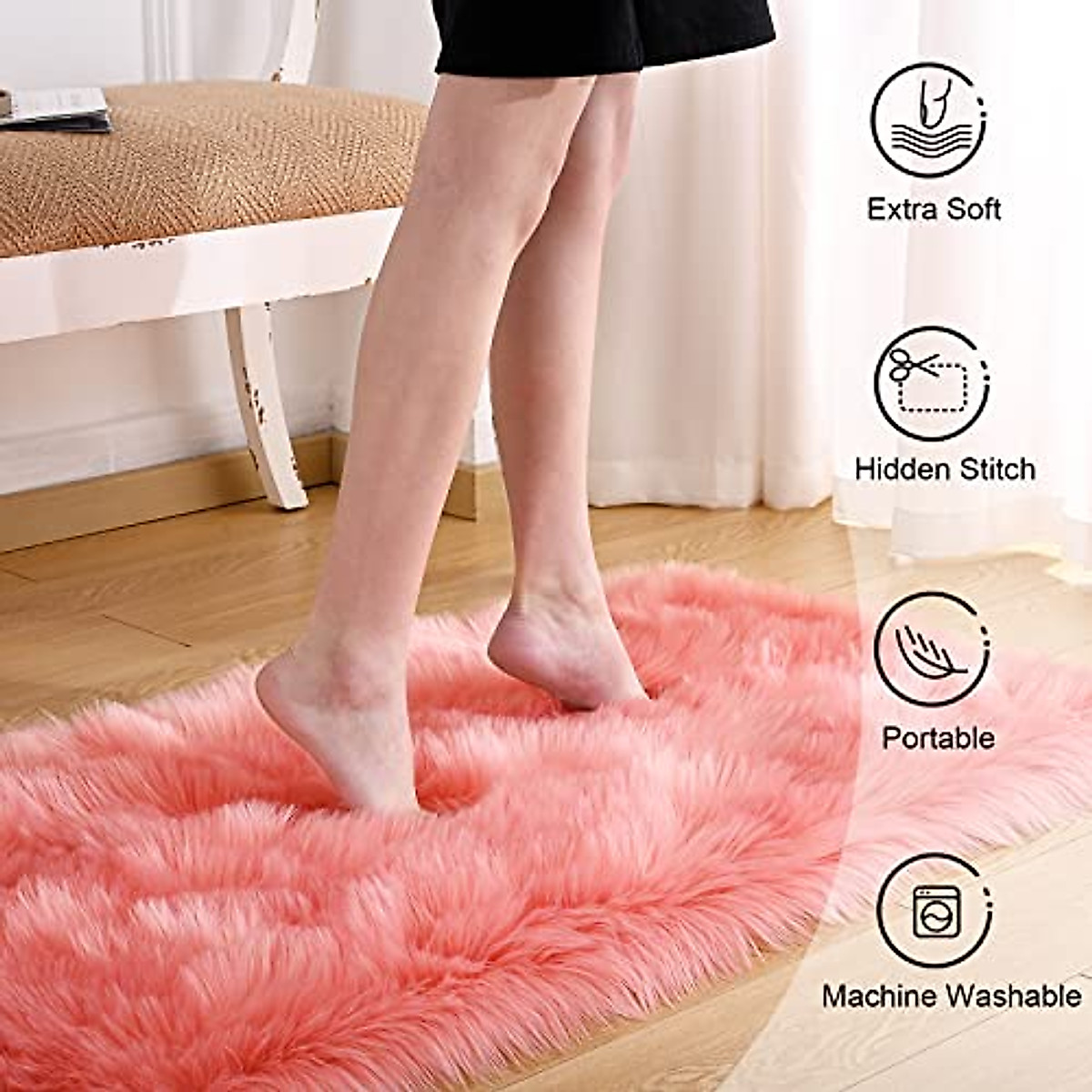 Rtizon 2 PCS Faux Fur Washable Rug, 2 x 5.9 Feet and 2 x 4 Feet Coral Fluffy Sheepskin Rug for Girls Bedroom Livingroom Floor Cushion Home Decor Bedside Carpet, Furry Chair Cover Seat Pad Mat