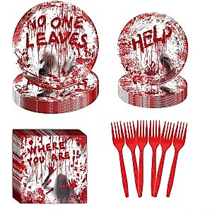 Bloody Good Time Party Tableware Set Halloween Zombie Skull Bloody Party Table Decorations Halloween Party Supplies Table Decorations Paper Plates Napkins Forks for 24 Guests(96 Pcs )