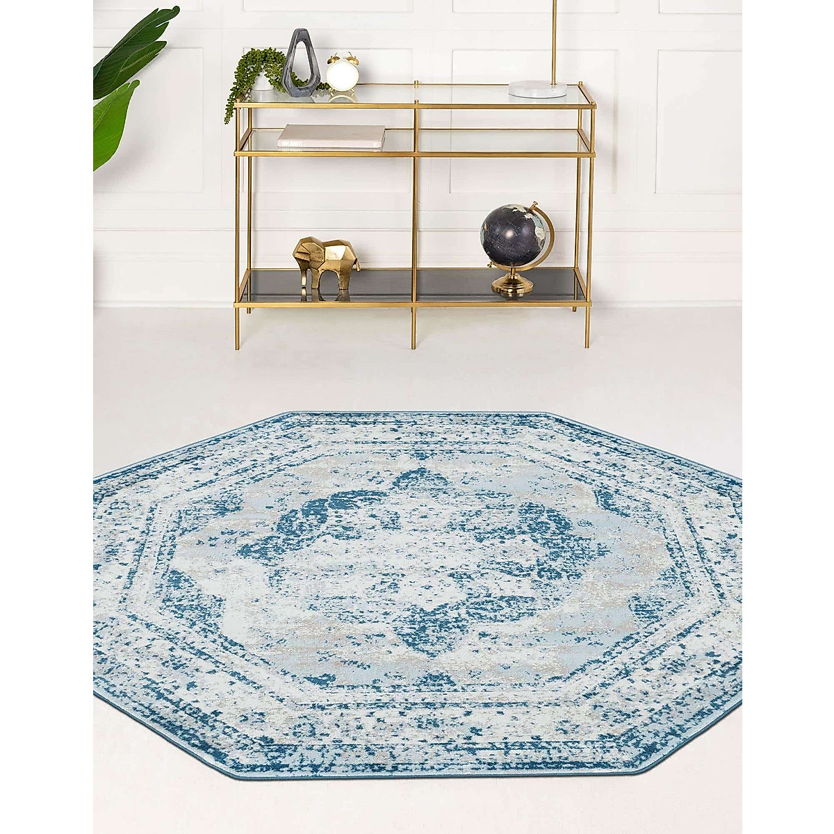 Rugs.com Monte Carlo Collection Rug – 4' Octagon Blue Medium Rug Perfect for Living Rooms, Kitchens, Entryways