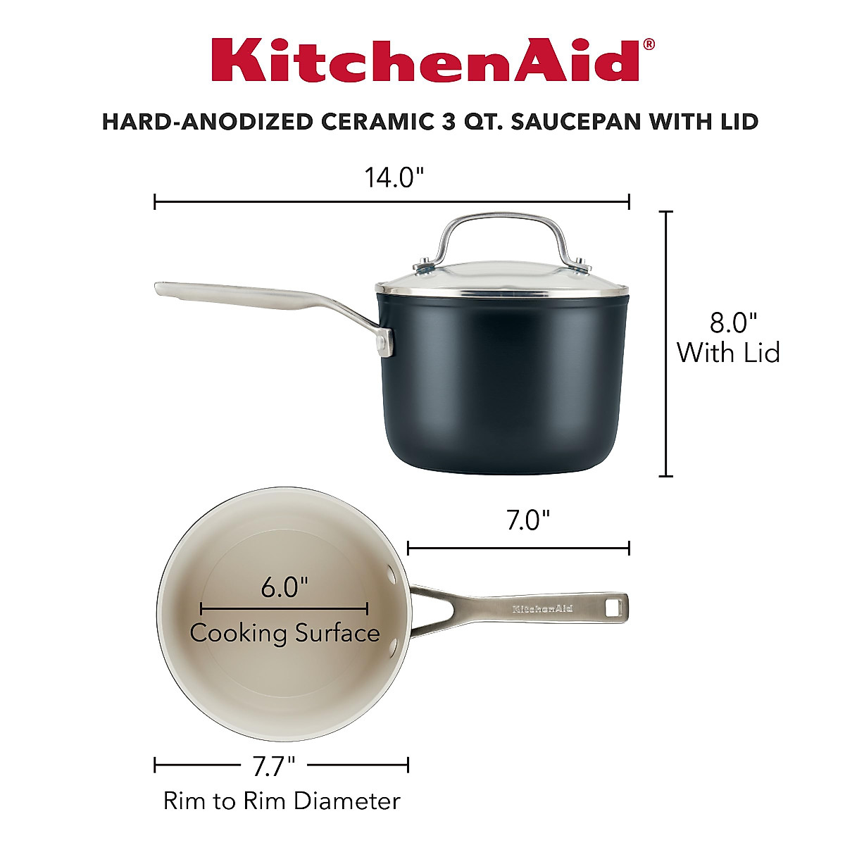 KitchenAid Hard Anodized Ceramic Nonstick Cookware Sauce Pan with Lid, 3 Quart, Matte Black