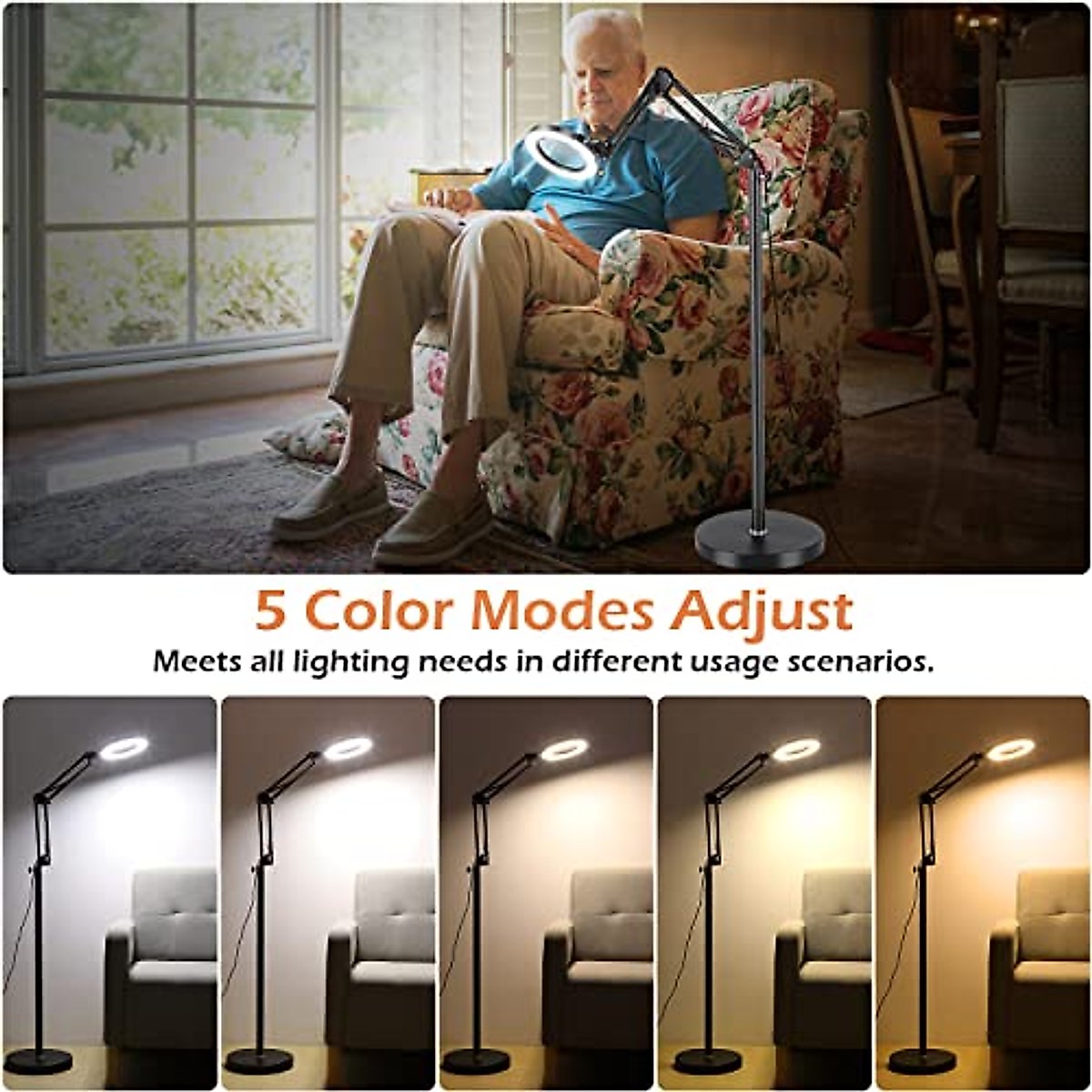 5X Magnifying Glass with Light and Stand, Krstlv LED 5 Color Modes, Stepless Dimmable Magnifying Floor Lamp, 3-in-1 Adjustable Swing Arm Lighted Magnifier Lamp with Clamp for Reading, Craft, Esthetic