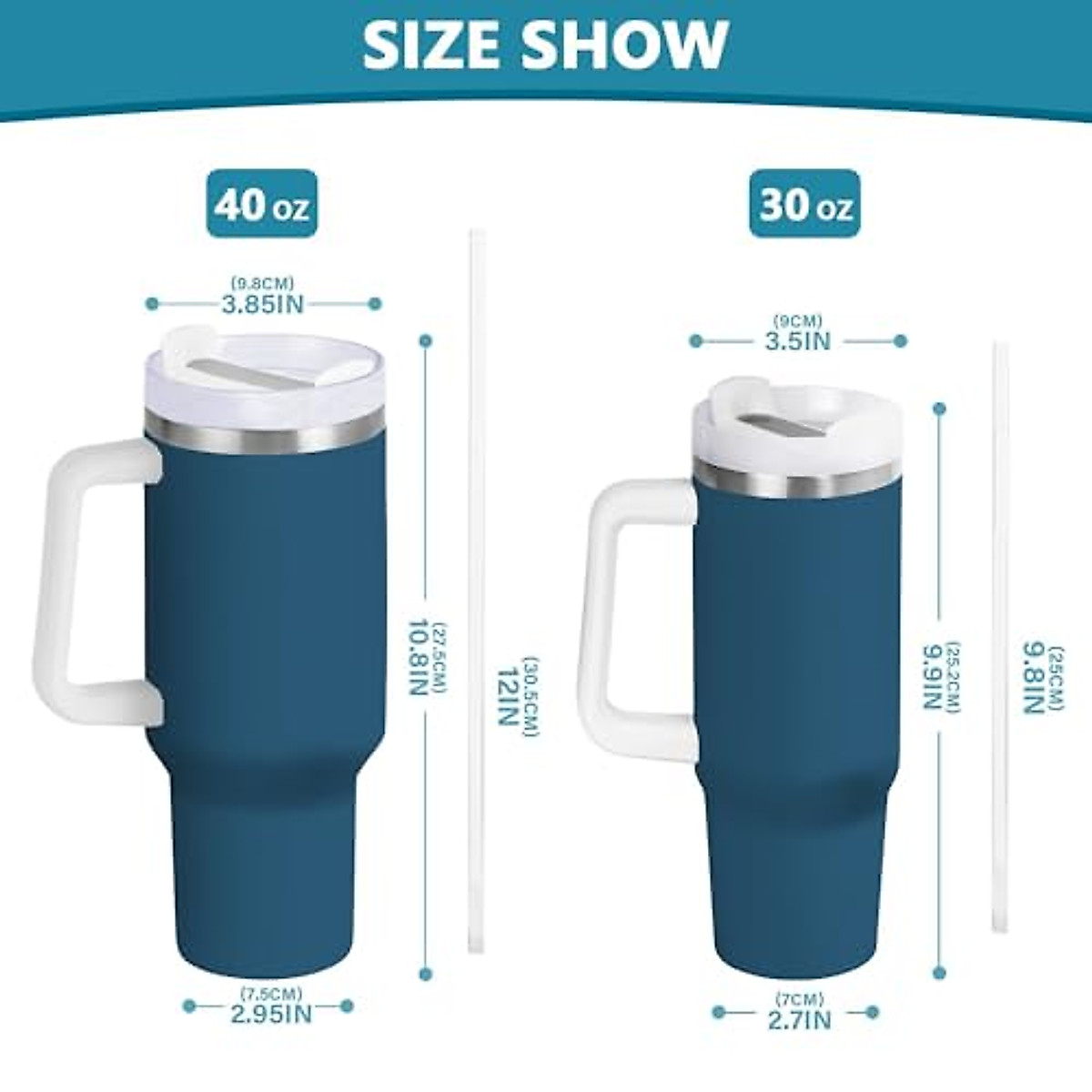 Emelivor Caribbean Blue 40 oz Tumbler with Lid and Straw Insulated Tumblers with Handle Thermal Stainless Travel Coffee Mug Cup Water Bottle for Hot and Iced Cold Drinks