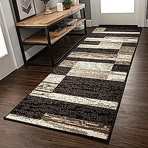 SUPERIOR Indoor Runner Rug, Jute Backed, Modern Geometric Patchwork Floor Decor for Bedroom, Office, Living Room, Entryway, Hardwood Floors, Rockwood Collection - 2ft7In x 8ft, Chocolate