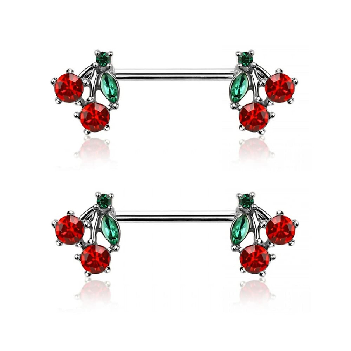 Pierced Owl 14GA 316L Stainless Steel CZ Crystal Red Cherry Ends Nipple Barbells, Sold as a Pair (Silver Tone)