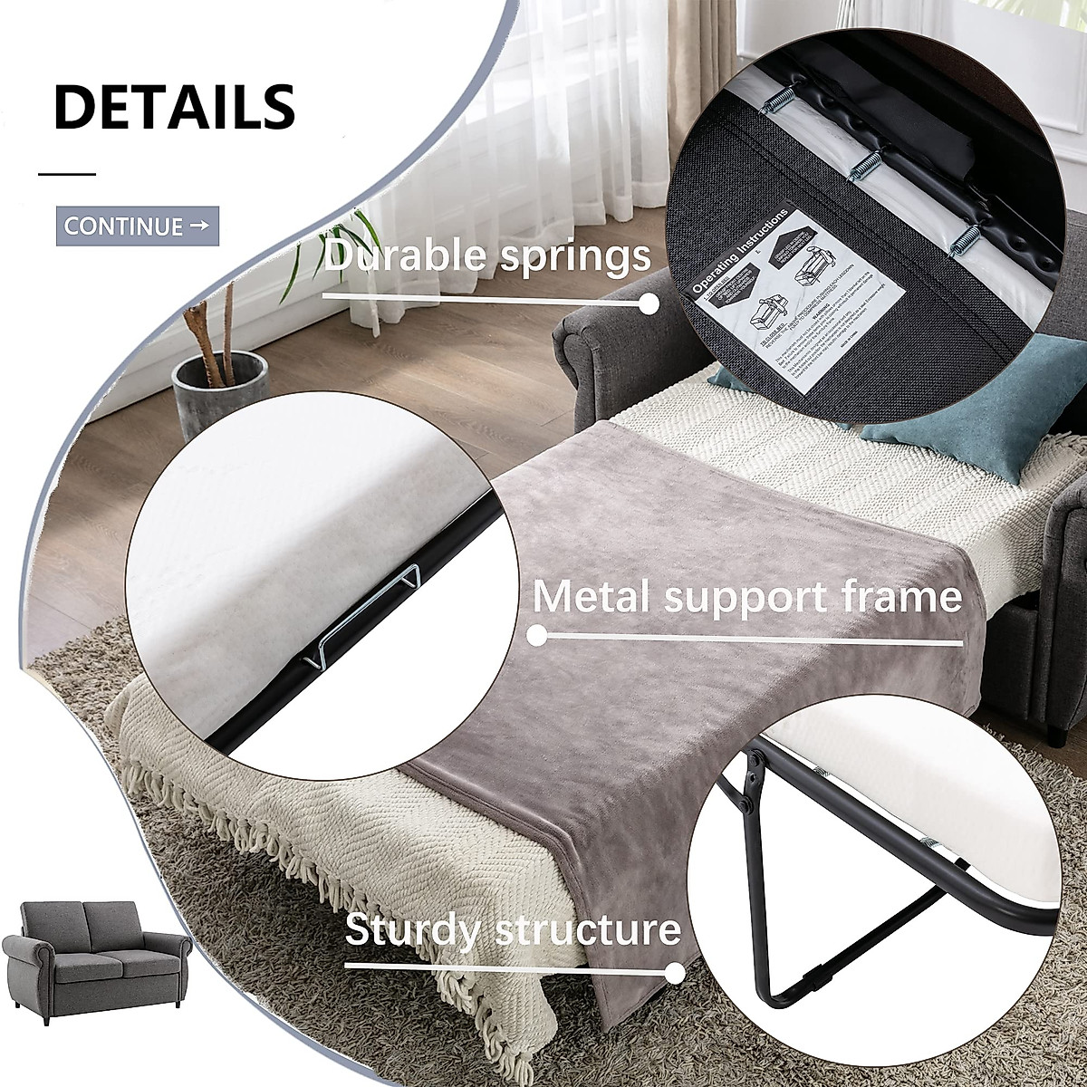 XD Designs 2-in-1 Design Pull Out Sofa Bed, Loveseat Sleeper with 3.1'' Twin Size Memory Mattress, Versatile Couch Beds for Living Room/Small Spaces (Gray)