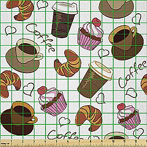 Lunarable Coffee Fabric by The Yard, Coffee Cups Takeaways and Sweets Cherry Cupcake Croissant American Breakfast Culture, Microfiber Fabric for Arts and Crafts Textiles & Decor, 1 Yard, Brown