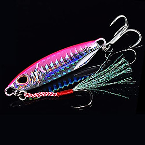 Jigging Lures Fishing, 30g Slow Jig Baits, Offshore Micro Jigs for Tuna King Sna Grouper Bass, Metal Jig with Treble Hook and Assist Hooks 7Pieces/6Pieces