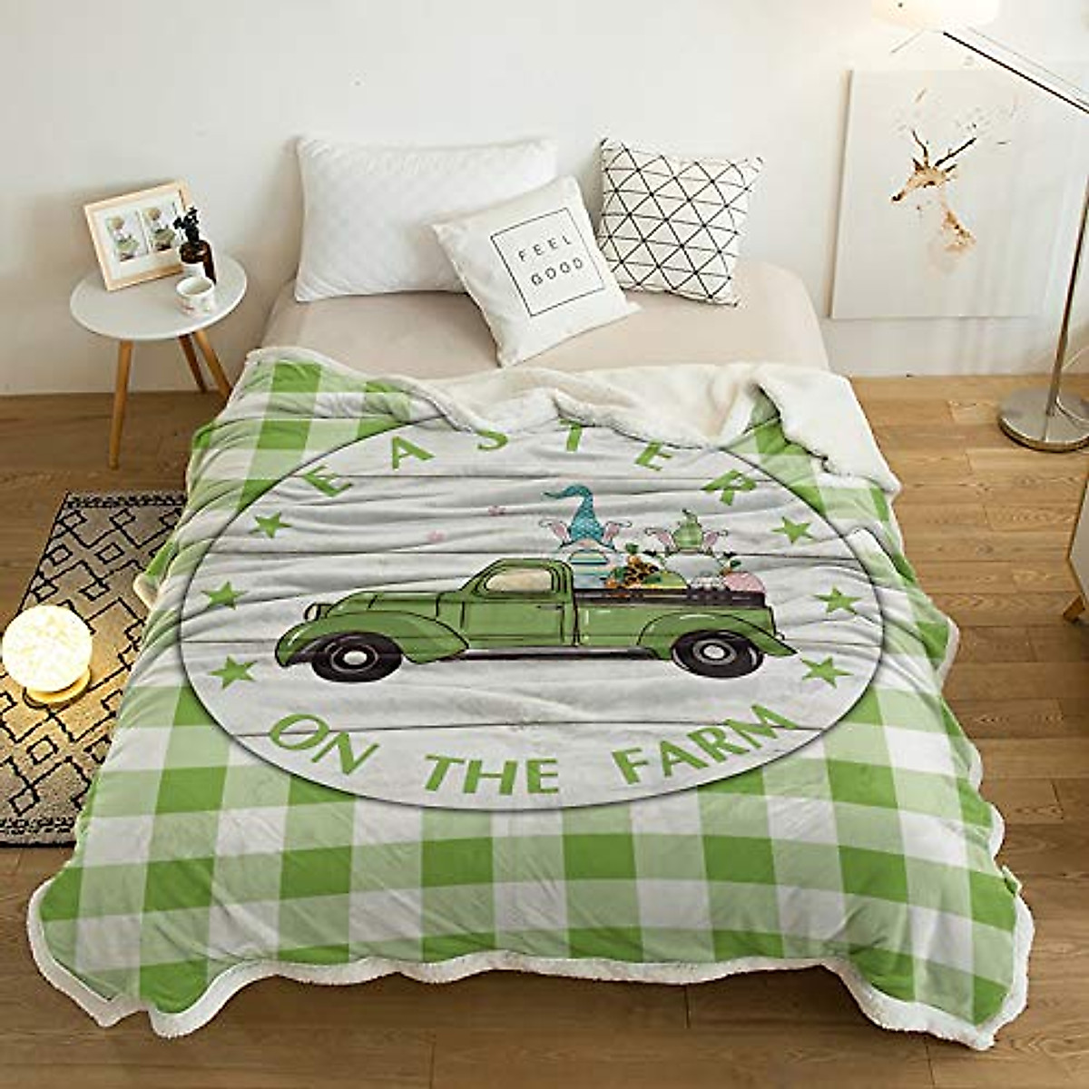 Possta Decor Happy Easter Throw Blanket,Gnome Farm Truck Fuzzy Fluffy Soft Cozy Blankets,Green Buffalo Plaid Bunny Egg Thick Reversible Fleece Flannel Plush Microfiber Throws for Couch Bed Sofa
