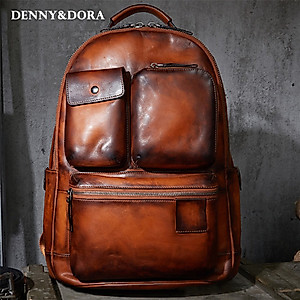 Denny&Dora Genuine Leather Backpack Luxury Vintage Laptop Bag Multi Pockets Bookbag Mens Casual Travel Daypack Large Capacity (Brown)