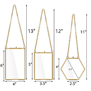 AVLA 3 Pack Pressed Flowers Glass Frames, Brass Hanging Picture Frames with Chain, Small Golden Floating Photo Frame, Clear DIY Artwork Display Frame for Wall Decor, Dried Plant Specimen
