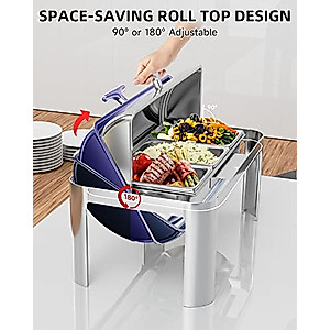 Halamine Roll Top Chafing Dish Buffet Set, 9 Qt Stainless Steel Catering Chafer Server with 3 1/3 Size Pans Rectangle Catering Warmer Server for Wedding, Parties, Banquet, Catering Events, Graduation