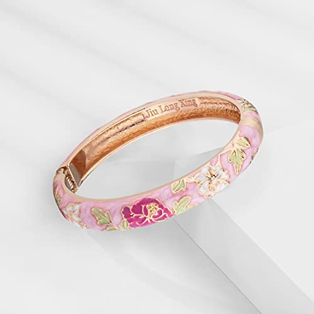 UJOY Fashion Cloisonne Bracelets Set Gold Plated Enameled Jewelry Spring Hinged Metal Cuff Bangles Gift Box Packed 55A106-55A113 white rose