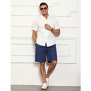 Janmid Men's Linen Casual Classic Fit Short Drawstring Summer Beach Shorts with Elastic Waist and Pockets Navy Blue L