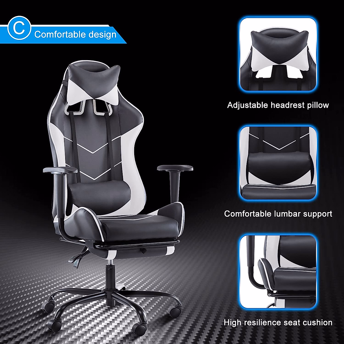 Gaming Chair PU Leather Racing Chair with Footrest, High Back Recliner Swivel Office Chair Headrest Ergonomic Lumbar Support Desk Chair, Executive Task Computer Chairs, White