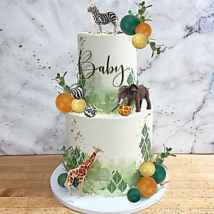 24 PCS Realistic Safari Jungle Animal Cake Toppers with Colorful Balls Cake Decorations for Wild Themed Birthday Oh Baby Party Supplies (Green Yellow)