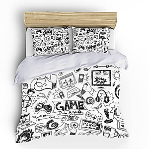 Vichonne Gaming Comforter Sets for Boys Teen Full Size,Kids Video Games Bedding Set Sketch Style Athletic Racing Game Design Bedroom Home Decor