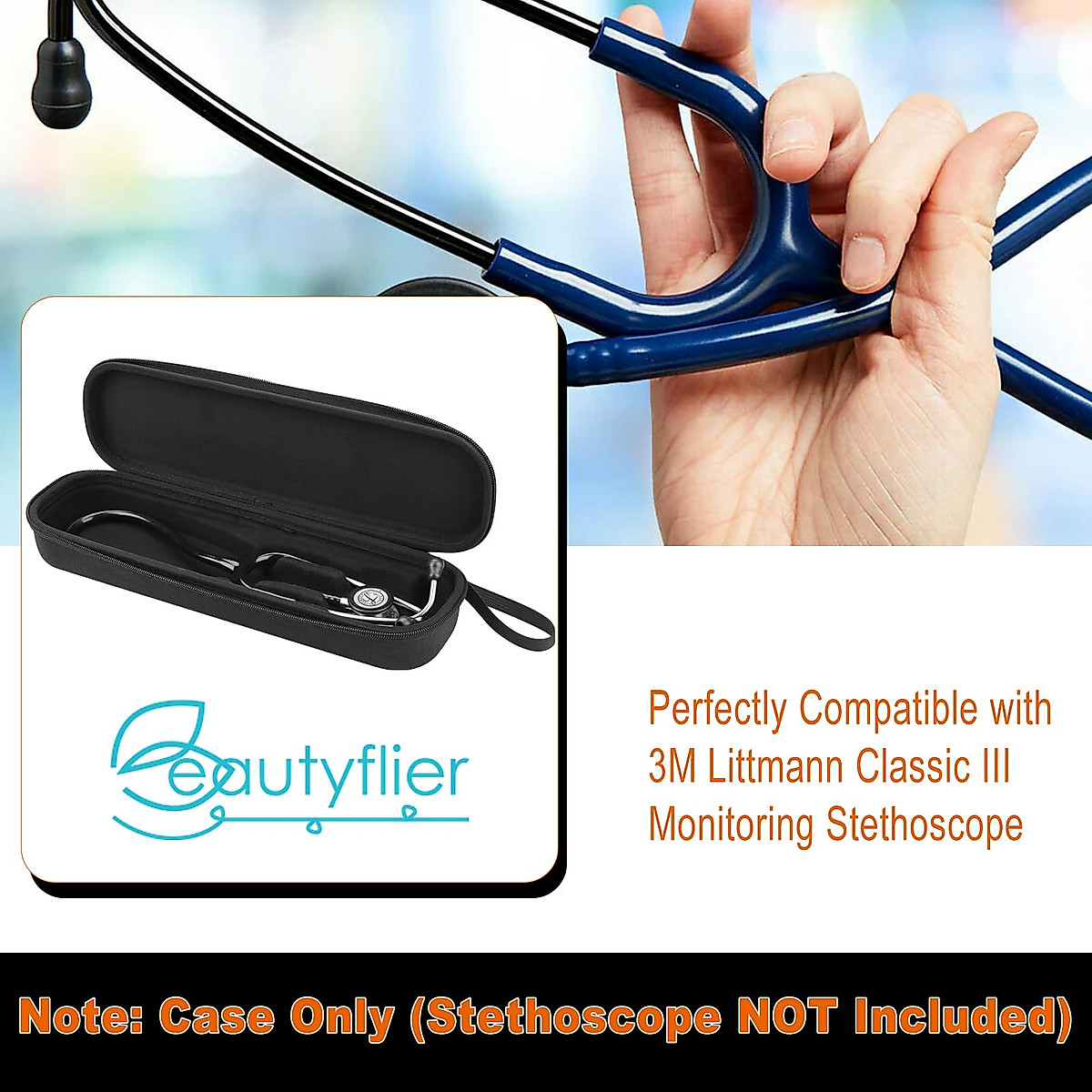 Beautyflier Travel Case for 3M Littmann Classic III Monitoring Stethoscope, Stethoscope Carrying Case with Extra Pocket for Accessories, Storage Box for Stethoscope, EVA Black (Case Only)