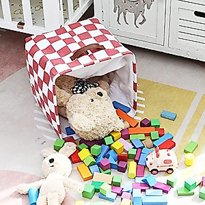 Hinwo 3-Pack Cubic Organizer Shelf Bins, Canvas Fabric Storage Baskets with Handles, 22L/5.8-Gal Square Storage Bins, Cubes, Collapsible Storage Box, 11 x 11 x 11 Inches (S, Red Checkerboard)