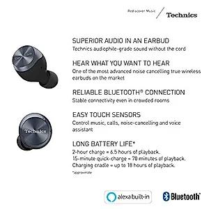 Technics True Wireless Earbuds | Bluetooth Earbuds | Dual Hybrid Technology, Hi-Fi Sound, Compact Design | Alexa Compatible | (EAH-AZ70W-K), Black (Discontinued by Manufacturer)